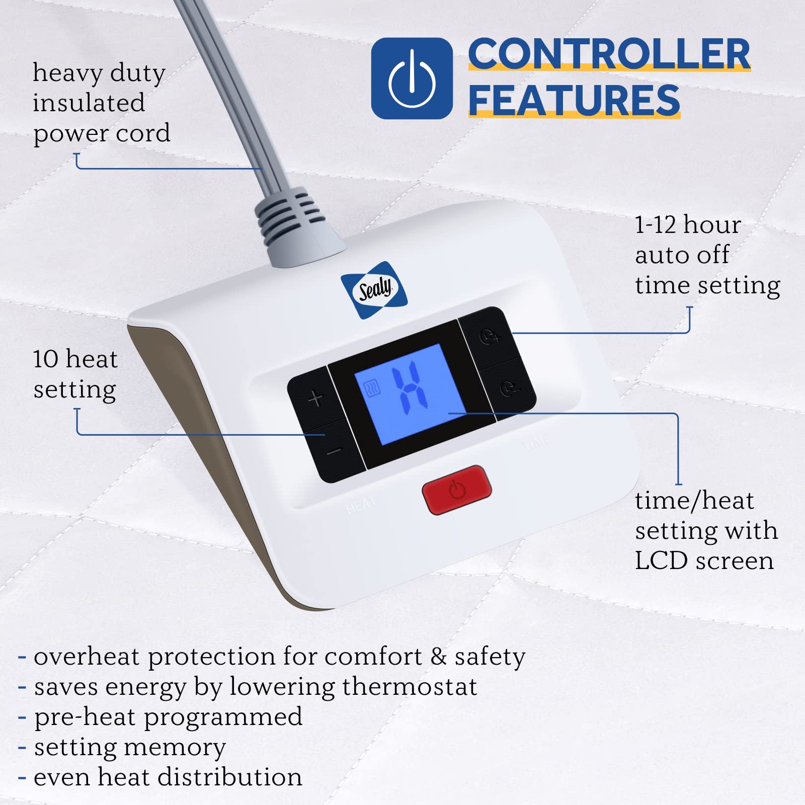 Sealy 3M Scotchgard Heated Mattress Pad | Quilted Cotton Electric Bed Warmer with 10 Heat Setting Controller | 1-12 Hours Auto Shut Off | 15" Deep All Around Elastic Pocket, Full