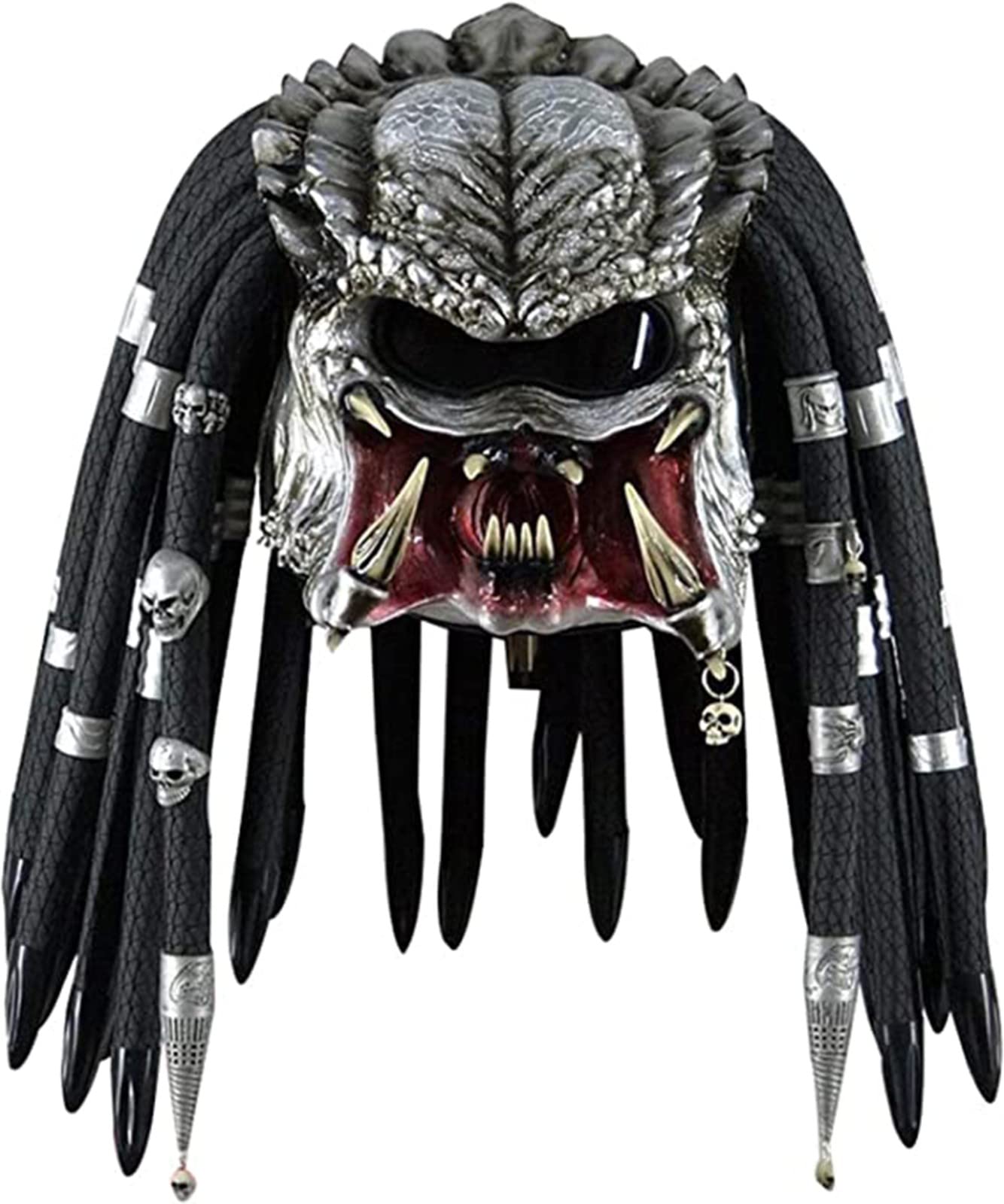 Predator Mask Motorcycle Headgear Predator Carbon Fiber Helmet with UV Protection Lens LED Light Hair Braid Breathable Cosplay Costume Tracker Latex,XL:61-62CM