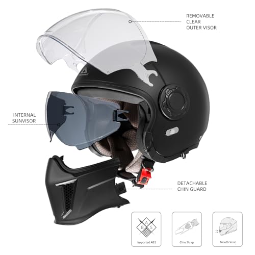 TRIANGLE Full Face Motorcycle Helmets,Off-Road Motocross Helmet for Men & Women,Dual Visor with Internal Tinted Sunshield,Open Face 3/4 Adult Racing Helmet DOT Approved(Black,XL)