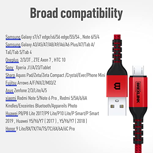 Micro USB Cable Android, BrexLink Micro USB to USB 2.0 Cable Nylon Braided Fast Charging Cable Compatible with Samsung, Kindle, Android Phones, Galaxy S7 Edge, Moto G5, PS4 (6.6ft+6.6ft, Red)