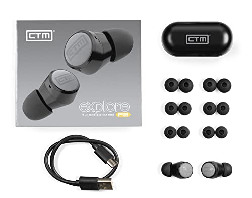 CTM Explore P2 True Wireless Earbuds | Bluetooth 5.0 Button Controls & Magnetic Charging Case | IPX6 Earphones | Sports Headset | Built-in Mic | by Clear Tune Monitors