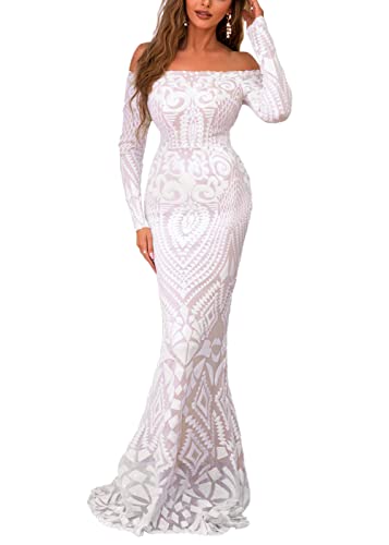 Yissang Women's Off Shoulder Floral Sequined Wedding Evening Mermaid Maxi Long Dress Bridal Gowns White Large