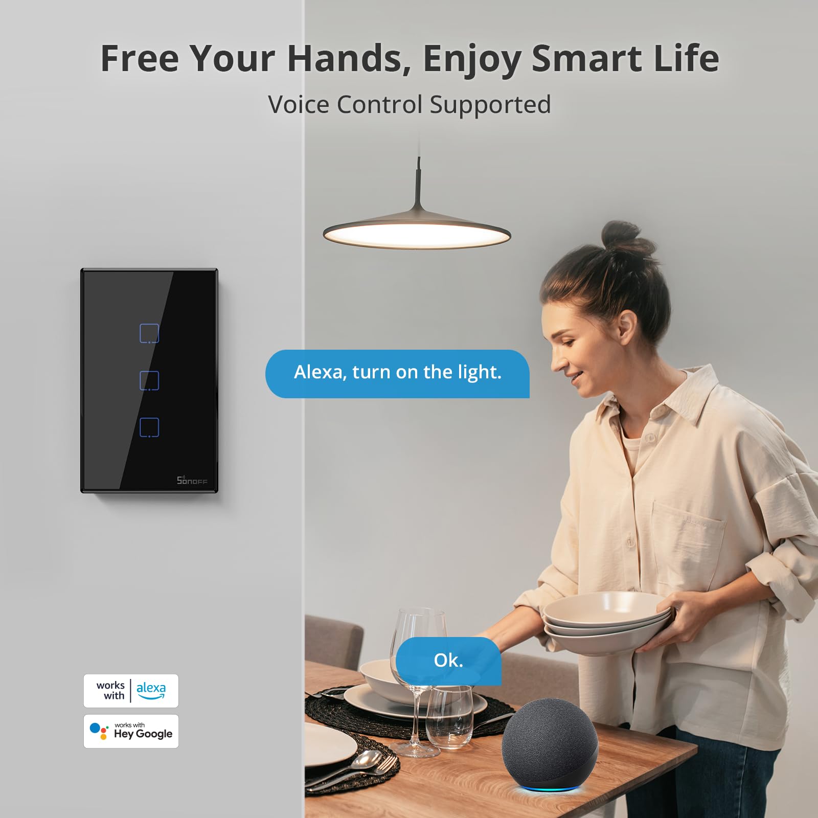 SONOFF Smart Light Switch,2.4GHz WiFi Touch Smart Wall Switch for Lights, Works with Alexa and Google Home, RF433 Remote Interruptor Inteligente, Neutral Wire Required, 3 Gang 1 Way TX T3 Black