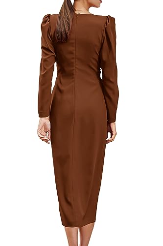 PRETTYGARDEN Women's Spring Fall Fashion Long Puff Sleeve Maxi Dresses V Neck Twist Front Formal Dress with Slit (Coffee,Large)