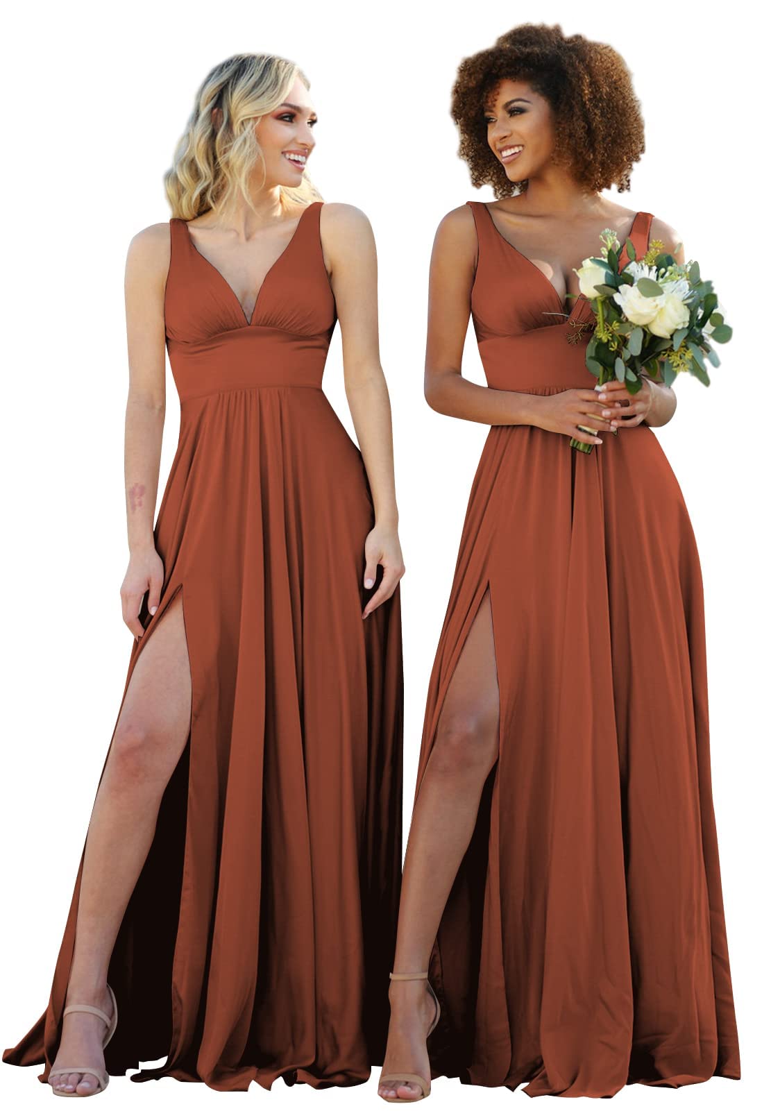 Yoreuoia Custom Women 's Bridesmaid Dresses Plus Size with Pocket Double V Neck Chiffon Maid of Honor Dress for Wedding Guest Rust US20W