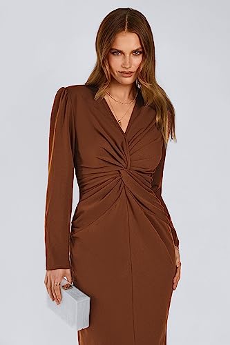 PRETTYGARDEN Women's Spring Fall Fashion Long Puff Sleeve Maxi Dresses V Neck Twist Front Formal Dress with Slit (Coffee,Large)