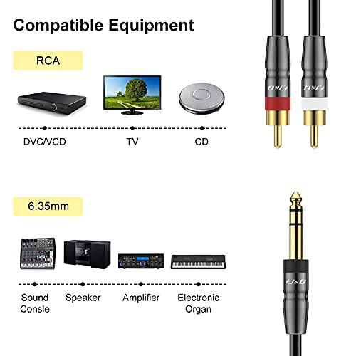 J&D 6.35mm TRS to Dual RCA Audio Cable, Copper Shell Heavy Duty 6.35mm 1/4 inch Male TRS to 2 RCA Male Stereo Audio Y Splitter Cable, 6 Feet