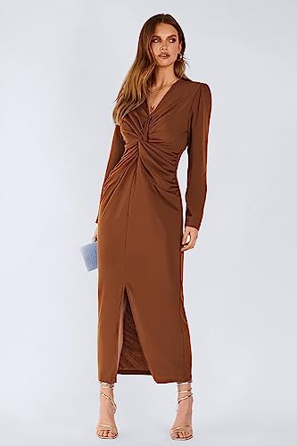 PRETTYGARDEN Women's Spring Fall Fashion Long Puff Sleeve Maxi Dresses V Neck Twist Front Formal Dress with Slit (Coffee,Large)