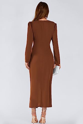 PRETTYGARDEN Women's Spring Fall Fashion Long Puff Sleeve Maxi Dresses V Neck Twist Front Formal Dress with Slit (Coffee,Large)