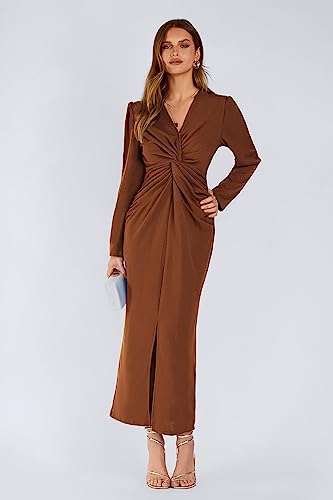 PRETTYGARDEN Women's Spring Fall Fashion Long Puff Sleeve Maxi Dresses V Neck Twist Front Formal Dress with Slit (Coffee,Large)