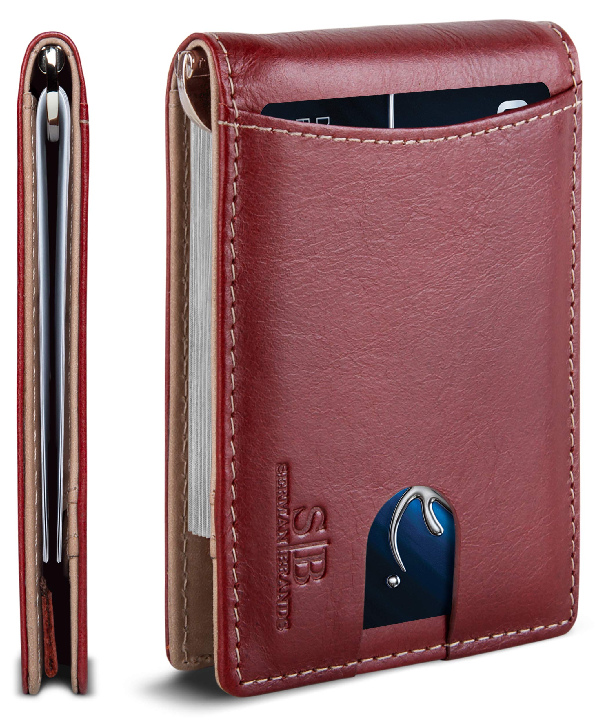 SERMAN BRANDS RFID Blocking Slim Bifold Genuine Leather Minimalist Front Pocket Wallets for Men with Money Clip Thin Gift (Ruby Red 1.S)