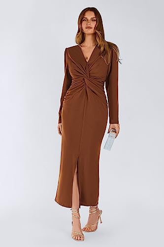 PRETTYGARDEN Women's Spring Fall Fashion Long Puff Sleeve Maxi Dresses V Neck Twist Front Formal Dress with Slit (Coffee,Large)