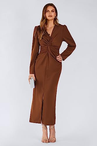PRETTYGARDEN Women's Spring Fall Fashion Long Puff Sleeve Maxi Dresses V Neck Twist Front Formal Dress with Slit (Coffee,Large)