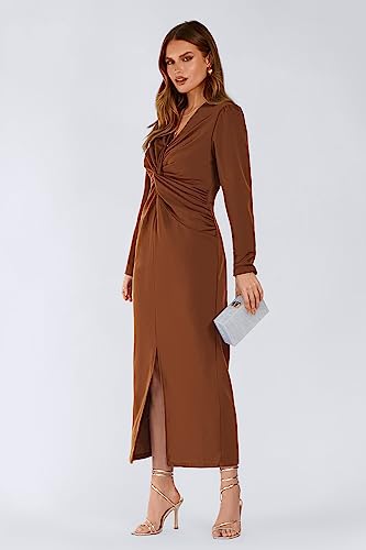 PRETTYGARDEN Women's Spring Fall Fashion Long Puff Sleeve Maxi Dresses V Neck Twist Front Formal Dress with Slit (Coffee,Large)