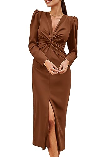 PRETTYGARDEN Women's Spring Fall Fashion Long Puff Sleeve Maxi Dresses V Neck Twist Front Formal Dress with Slit (Coffee,Large)