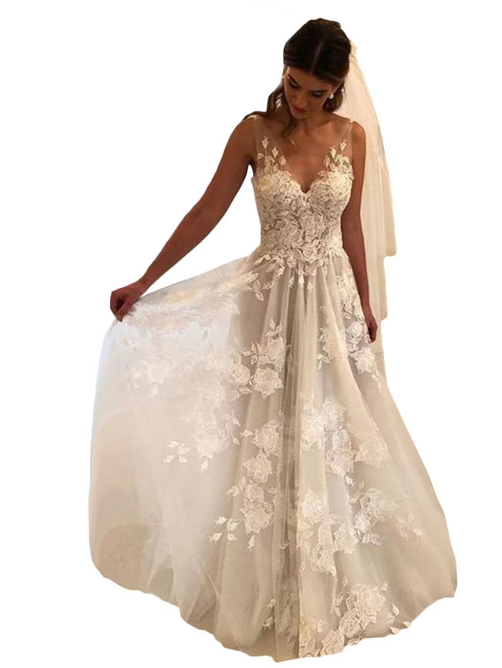 Tsbridal Women Wedding Dresses A-line V-Neck Tulle Lace Backless Boho Wedding Gown Bridal Dresses Ivory US 14-1