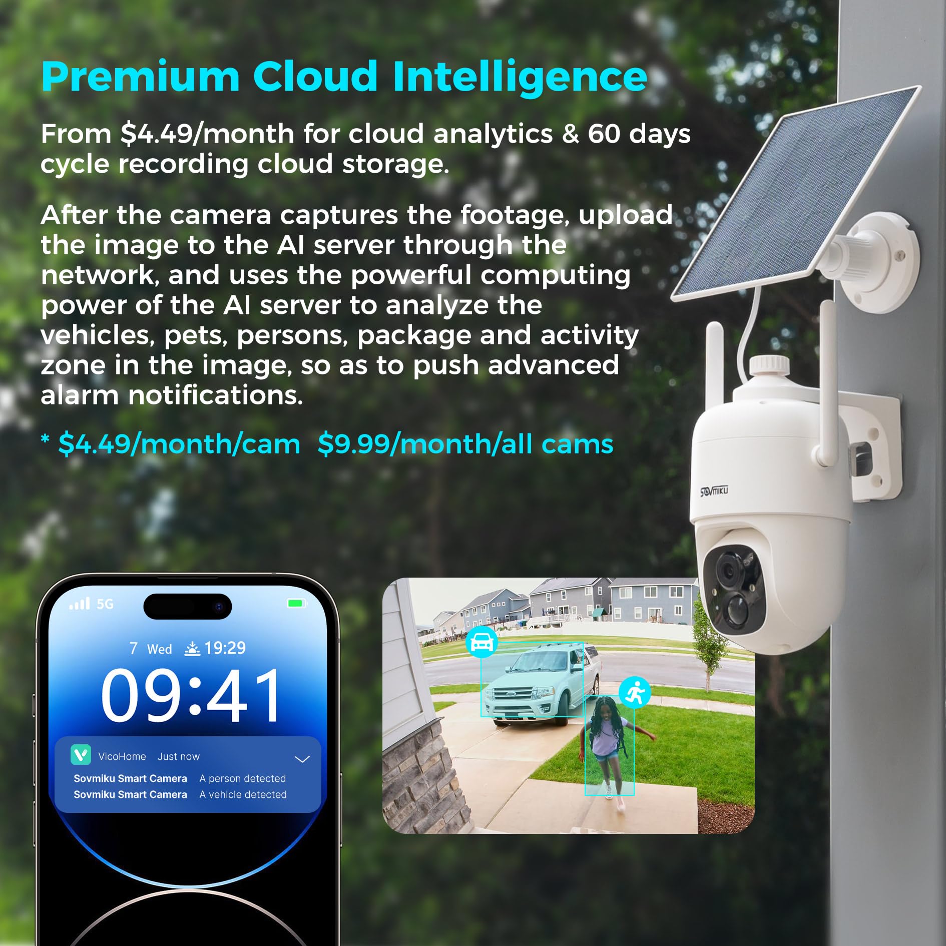 Sovmiku CQ1 AI 2K Solar Security Camera Wireless Outdoor, Battery Powered Cam, Two-Way Audio,PIR Motion Detection, Easy to Setup, Pan/Tilt 360ยฐ View,Color Night Vision,Audible Flashlight Siren,SD Slot