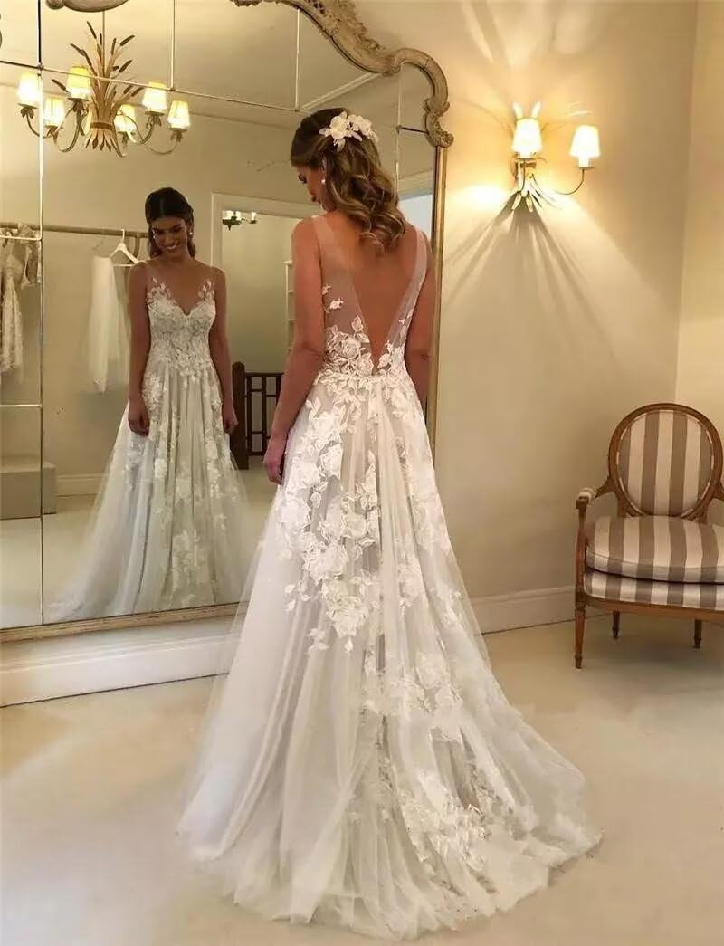 Tsbridal Women Wedding Dresses A-line V-Neck Tulle Lace Backless Boho Wedding Gown Bridal Dresses Ivory US 14-1