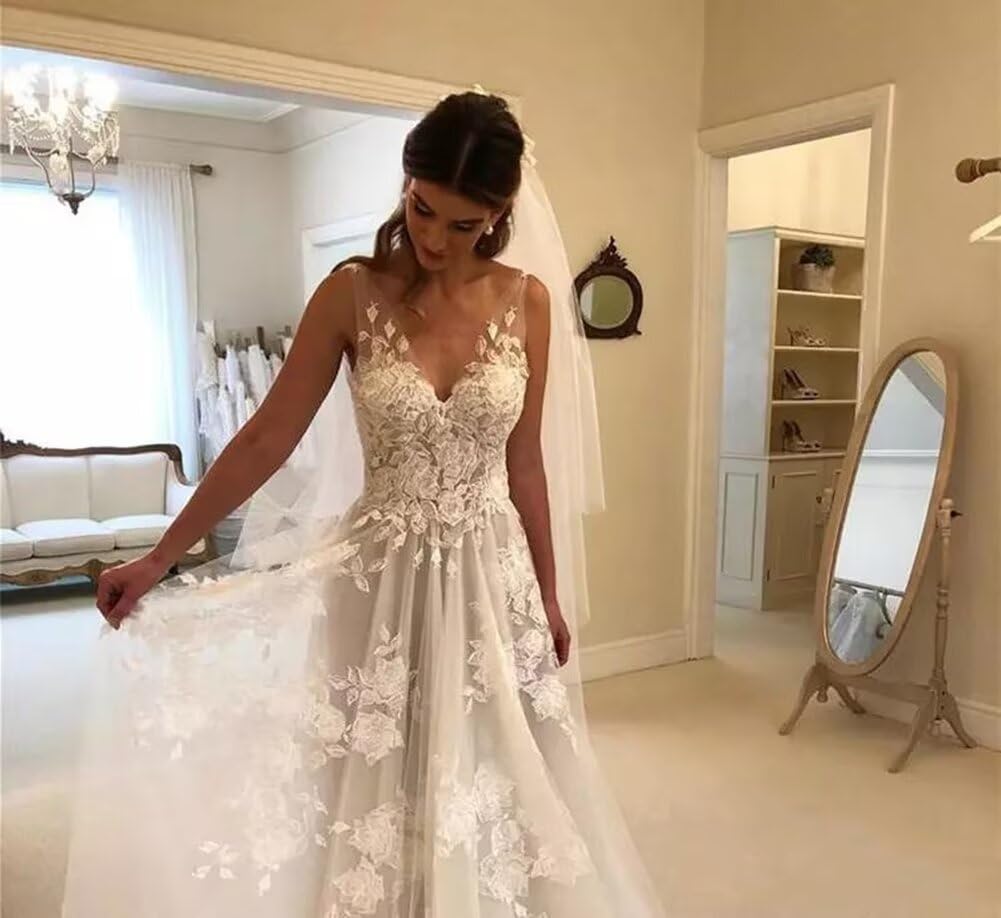 Tsbridal Women Wedding Dresses A-line V-Neck Tulle Lace Backless Boho Wedding Gown Bridal Dresses Ivory US 14-1