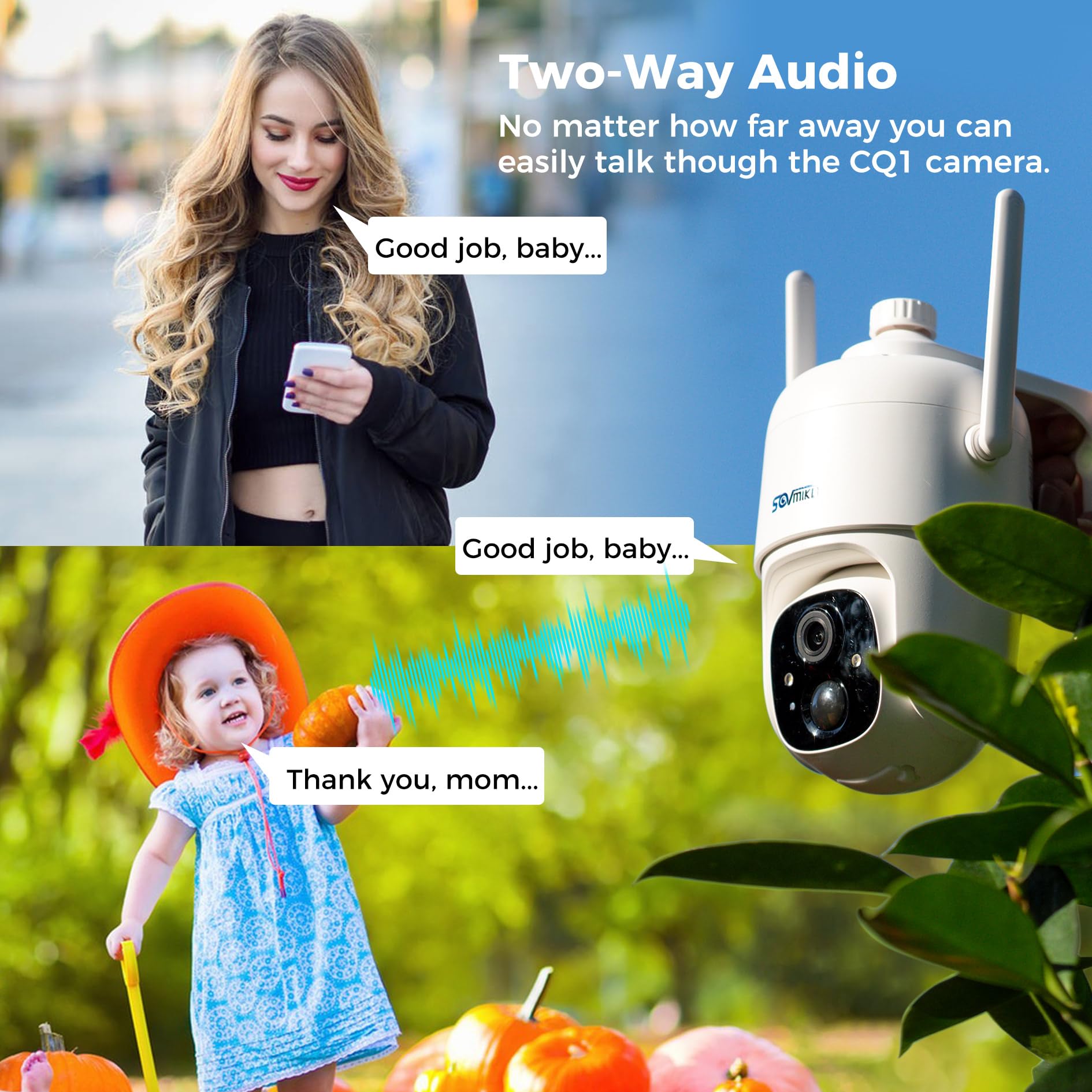 Sovmiku CQ1 AI 2K Solar Security Camera Wireless Outdoor, Battery Powered Cam, Two-Way Audio,PIR Motion Detection, Easy to Setup, Pan/Tilt 360ยฐ View,Color Night Vision,Audible Flashlight Siren,SD Slot
