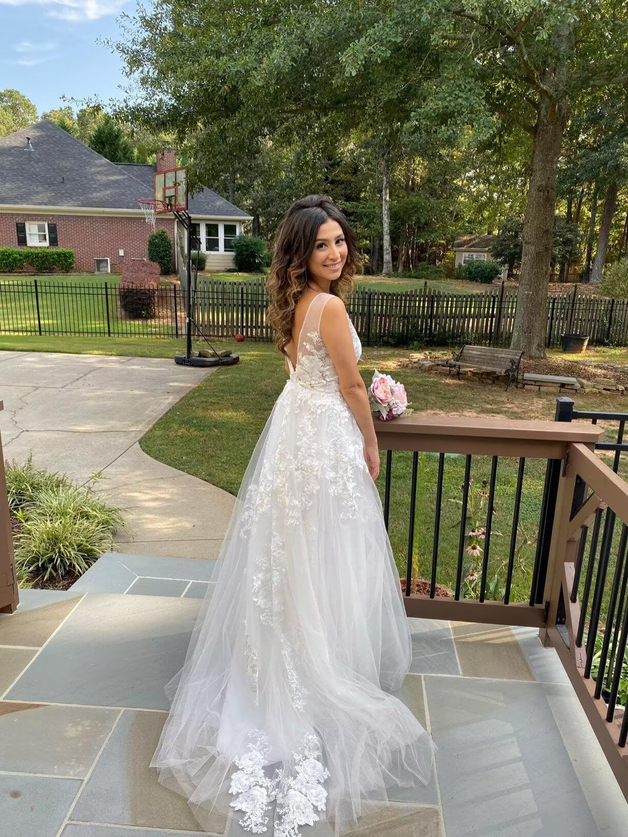 Tsbridal Women Wedding Dresses A-line V-Neck Tulle Lace Backless Boho Wedding Gown Bridal Dresses Ivory US 14-1
