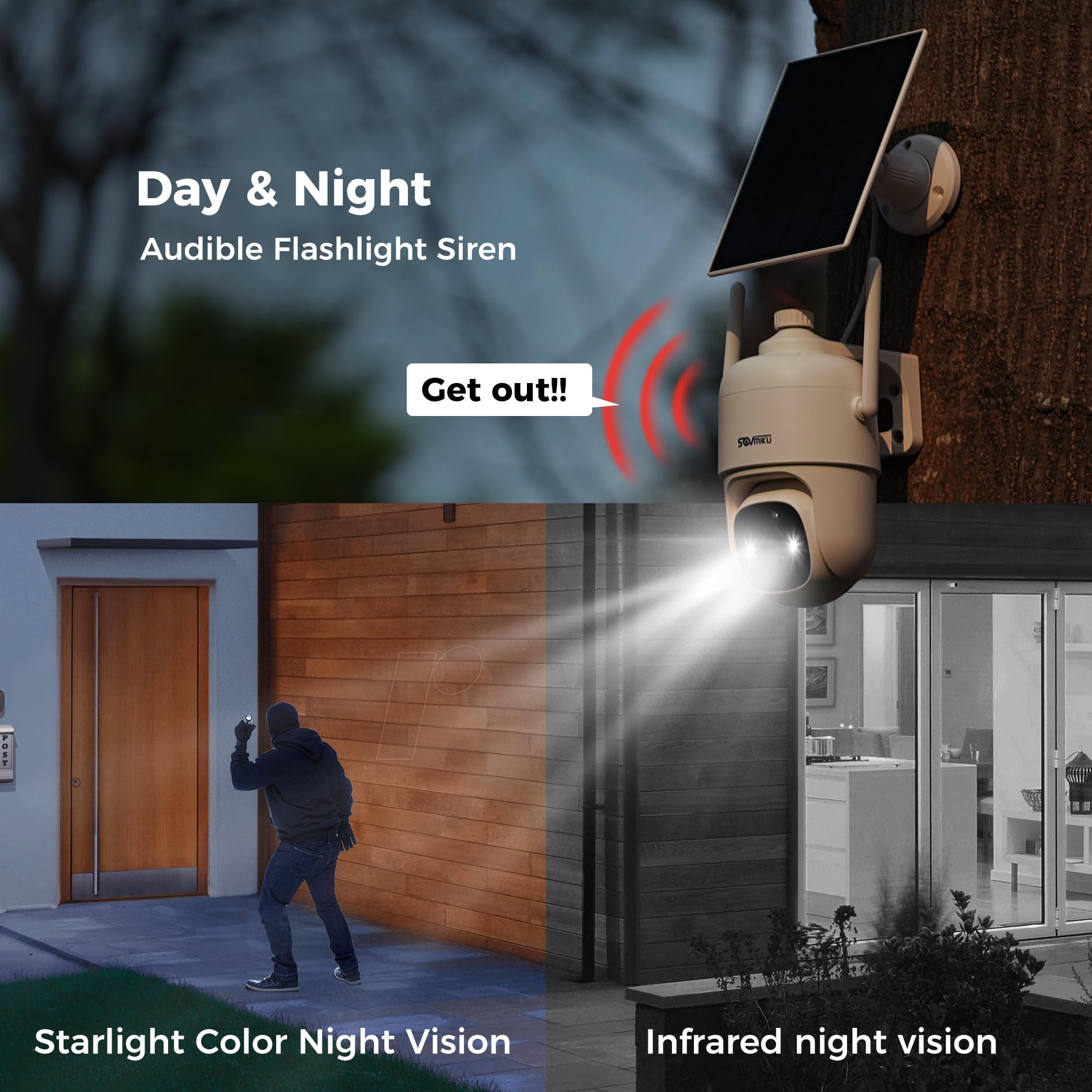 Sovmiku CQ1 AI 2K Solar Security Camera Wireless Outdoor, Battery Powered Cam, Two-Way Audio,PIR Motion Detection, Easy to Setup, Pan/Tilt 360ยฐ View,Color Night Vision,Audible Flashlight Siren,SD Slot