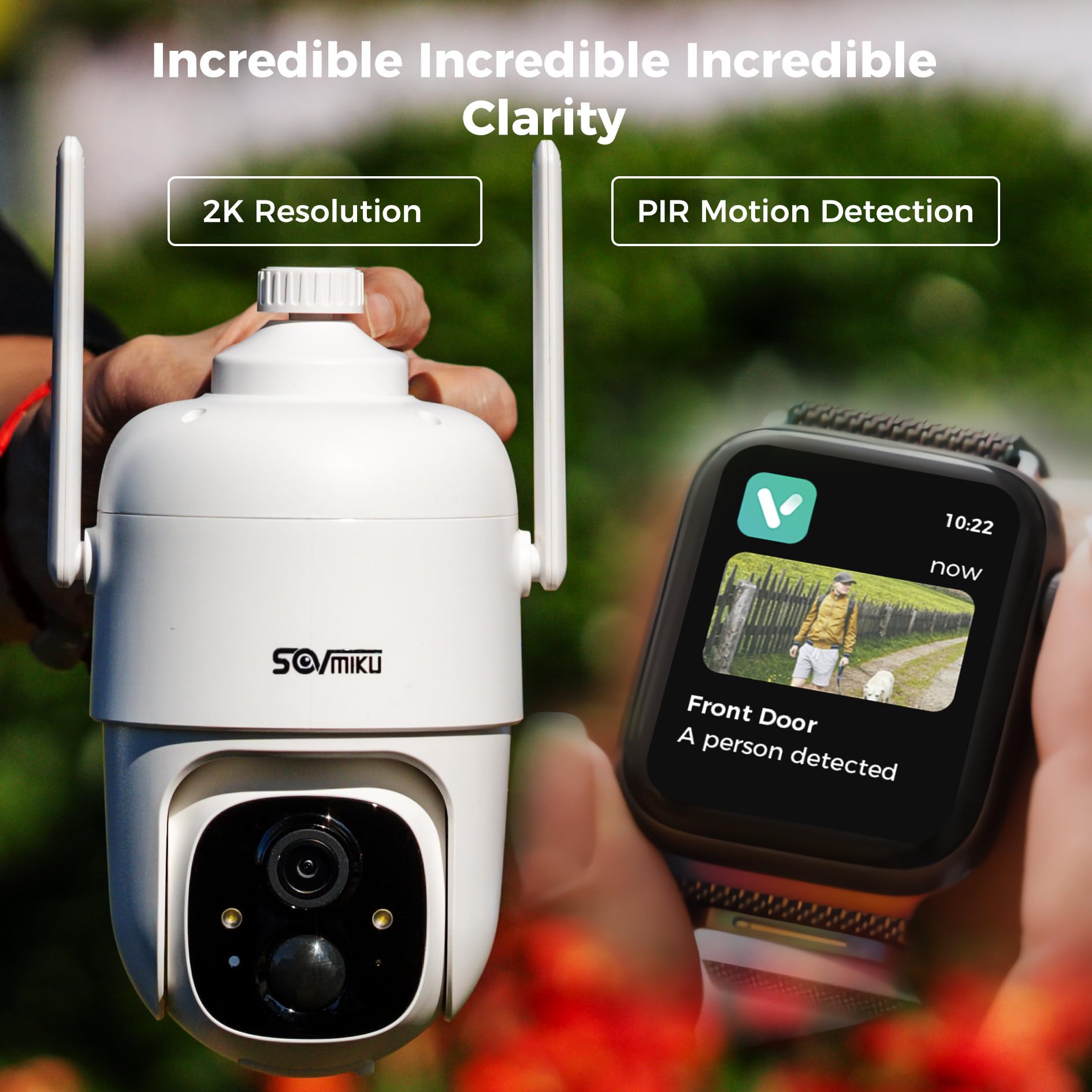 Sovmiku CQ1 AI 2K Solar Security Camera Wireless Outdoor, Battery Powered Cam, Two-Way Audio,PIR Motion Detection, Easy to Setup, Pan/Tilt 360ยฐ View,Color Night Vision,Audible Flashlight Siren,SD Slot