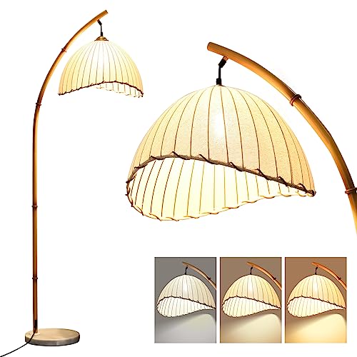 ZSIDA Vintage Imitated Bamboo Floor Lamp, Dimmable Standing Boho Arc Floor Lamp with Control, Decorative Curved Farmhouse Bamboo Floor Lamps,Creative Wood Lamp for Living Room Bedroom Home Decor
