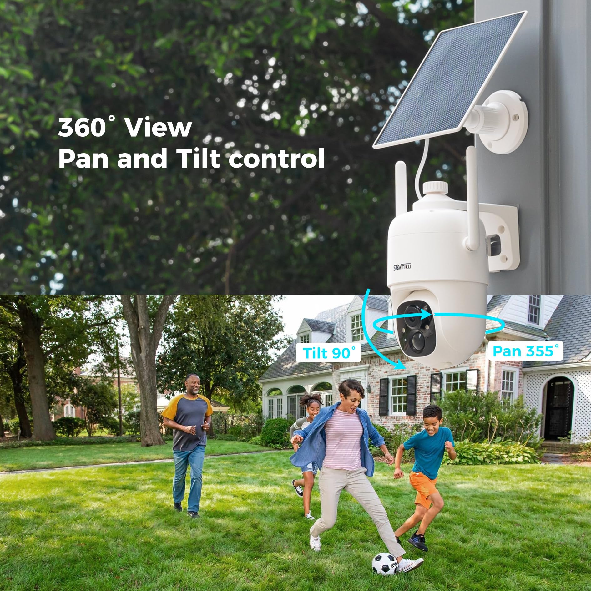 Sovmiku CQ1 AI 2K Solar Security Camera Wireless Outdoor, Battery Powered Cam, Two-Way Audio,PIR Motion Detection, Easy to Setup, Pan/Tilt 360ยฐ View,Color Night Vision,Audible Flashlight Siren,SD Slot