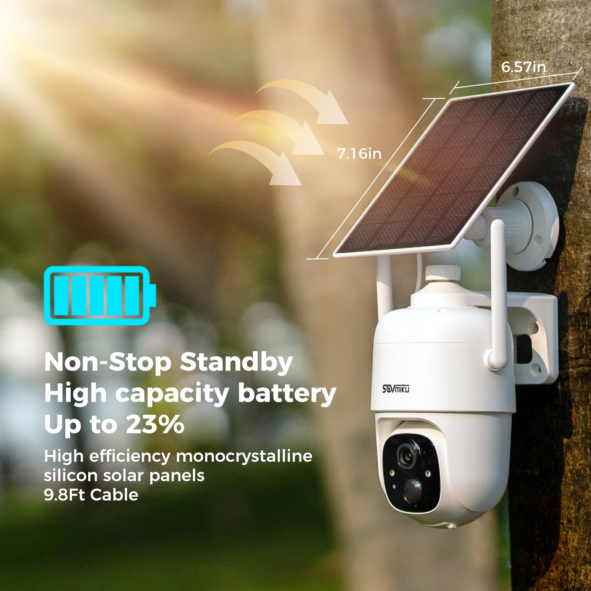 Sovmiku CQ1 AI 2K Solar Security Camera Wireless Outdoor, Battery Powered Cam, Two-Way Audio,PIR Motion Detection, Easy to Setup, Pan/Tilt 360ยฐ View,Color Night Vision,Audible Flashlight Siren,SD Slot