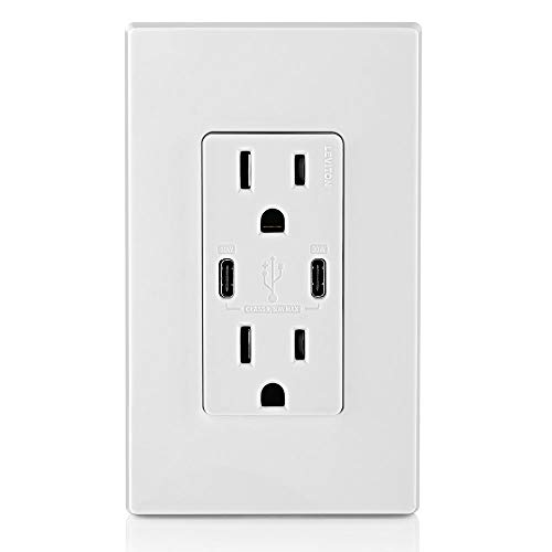 Leviton T5635-W USB Dual Type-C with Power Delivery (PD) In-Wall Charger with 15 Amp, 125 Volt Tamper-Resistant Outlet, White