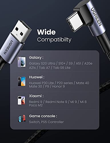 UGREEN USB C Charging Cable, 2-Pack Right Angle 3A Fast Charge QC3.0 USB A to USB C Cable, Nylon Braided Cord Compatible with Galaxy S10/S10+, iPad Mini 6, Pixel 7, Switch, etc. 6.6FT