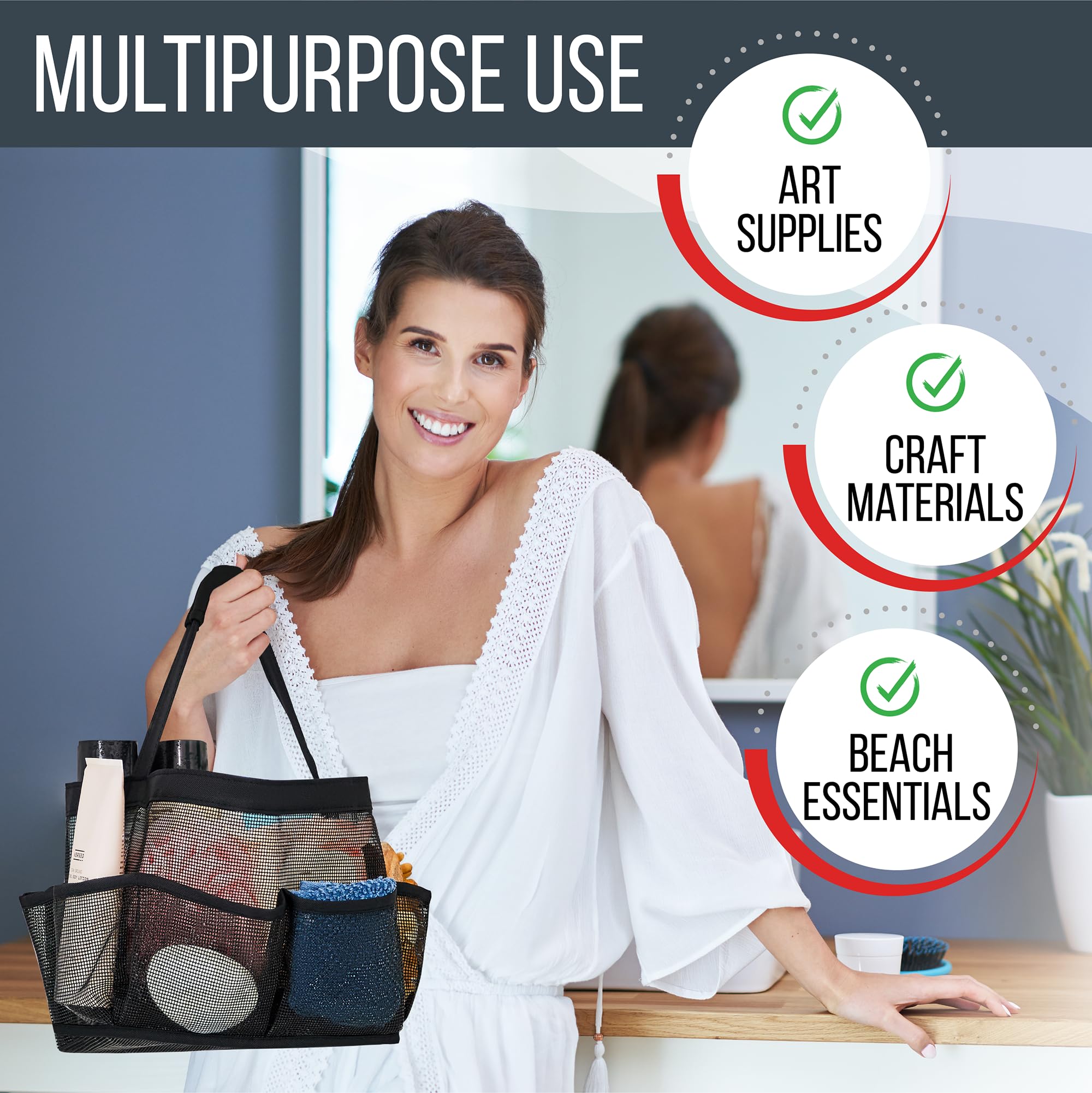 Masirs Mesh Shower Caddy Bag - (9 Pocket) Large Collapsible, Portable Bathroom Organizer for Travel, Gym, & Dorm - Easily Carry & Organize Bathroom Toiletry Essential (Black)