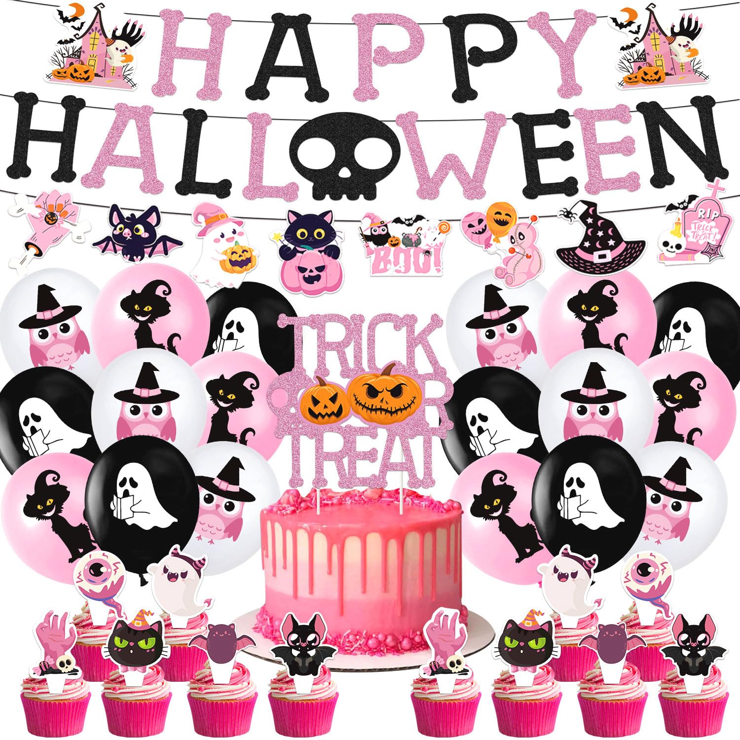 DPKOW Pink Halloween Party Decorations with Happy Halloween Banners, Cupcake Toppers and Balloons Pink and Black Halloween Decorations for Girls Kids Baby Shower Boo Day Birthday Party Supplies, 36Pcs