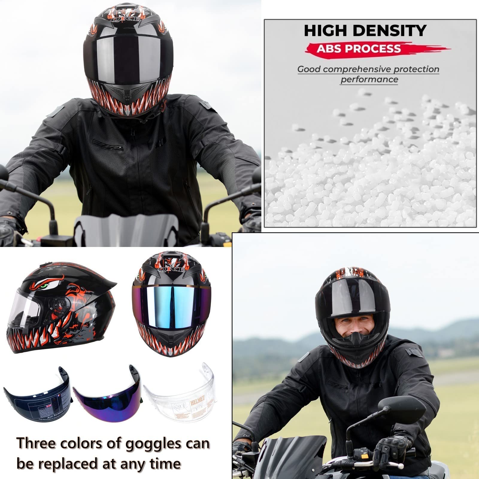HTLNUZD Full Face Motorcycle Helmet Racing Motocross Helmets with Pinlock Compatible Clear&Tinted Visors DOT Model Approved Street Bike Helmet (XXL, Venom)