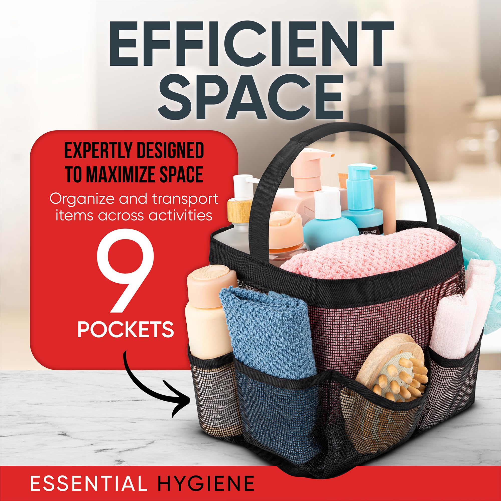 Masirs Mesh Shower Caddy Bag - (9 Pocket) Large Collapsible, Portable Bathroom Organizer for Travel, Gym, & Dorm - Easily Carry & Organize Bathroom Toiletry Essential (Black)