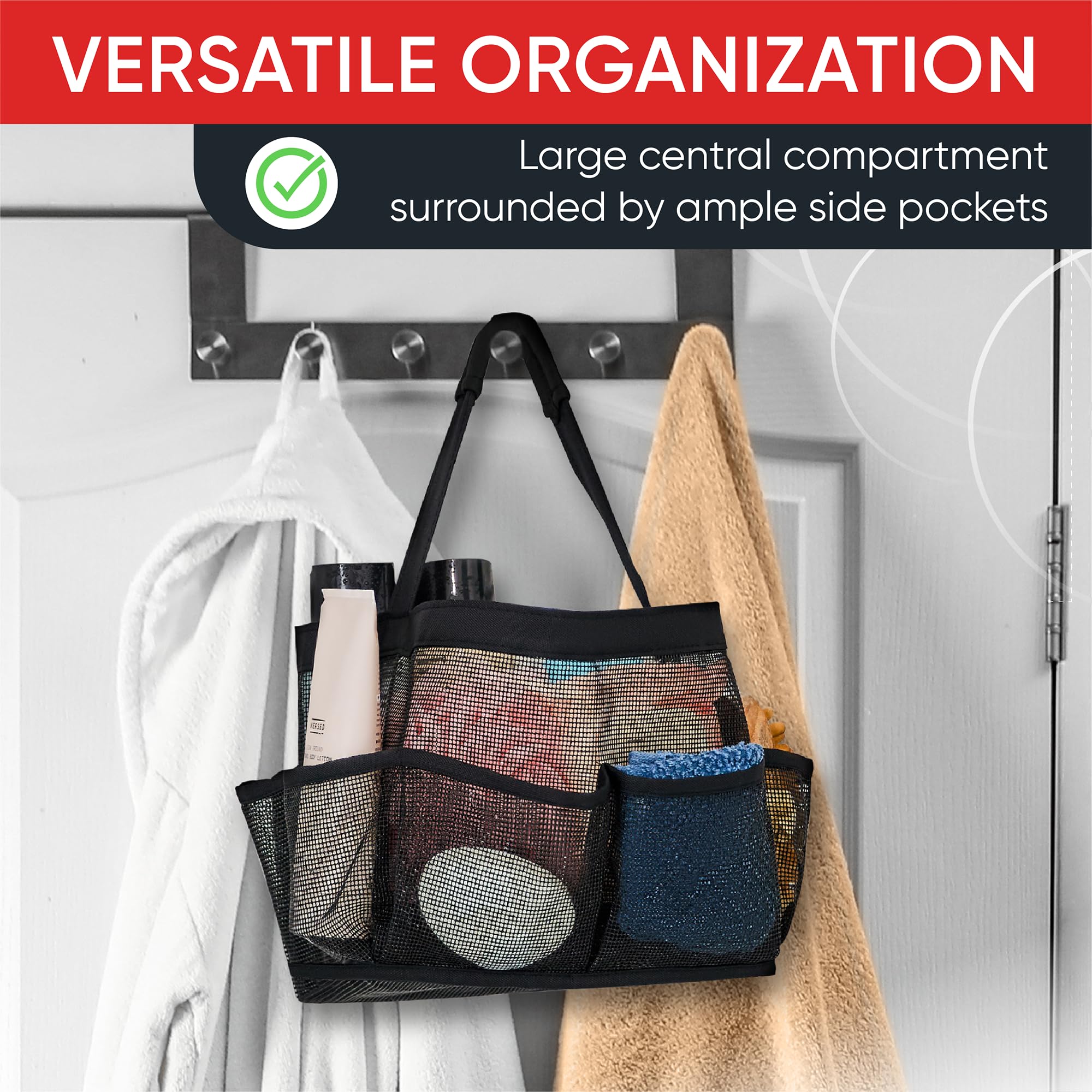 Masirs Mesh Shower Caddy Bag - (9 Pocket) Large Collapsible, Portable Bathroom Organizer for Travel, Gym, & Dorm - Easily Carry & Organize Bathroom Toiletry Essential (Black)