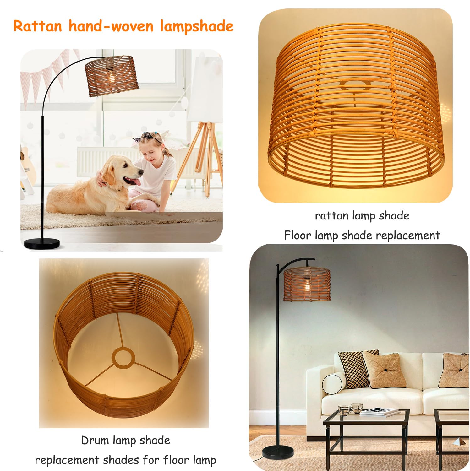 Rattan Drum lamp shades rattan Chandelier Shades Woven Boho Rattan Lampshade Chandelier Shades Pendant light Covers E26 E27 Replacement Table Lamp Floor Lamps Lampshades(Dark Brown)