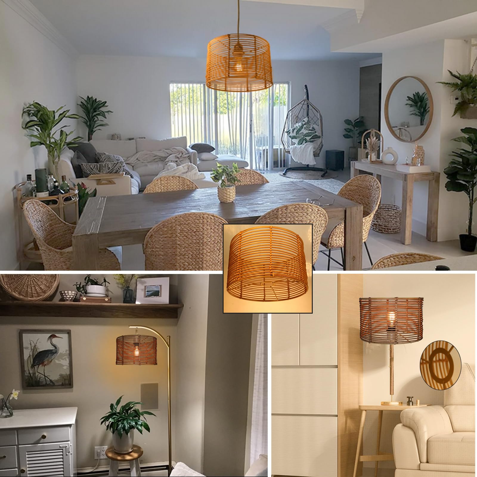 Rattan Drum lamp shades rattan Chandelier Shades Woven Boho Rattan Lampshade Chandelier Shades Pendant light Covers E26 E27 Replacement Table Lamp Floor Lamps Lampshades(Dark Brown)