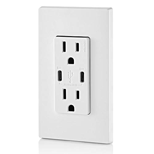 Leviton T5635-W USB Dual Type-C with Power Delivery (PD) In-Wall Charger with 15 Amp, 125 Volt Tamper-Resistant Outlet, White