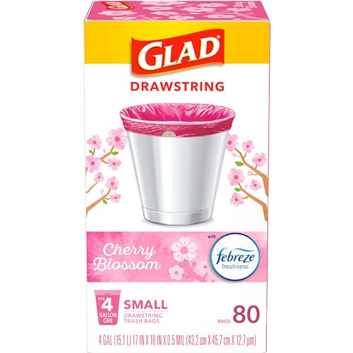 Glad Odorshield Small Drawstring Trash Bags, 4 Gal, Pink, Cherry Blossom, 80 Ct, Pack May Vary