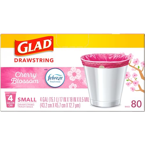 Glad Odorshield Small Drawstring Trash Bags, 4 Gal, Pink, Cherry Blossom, 80 Ct, Pack May Vary
