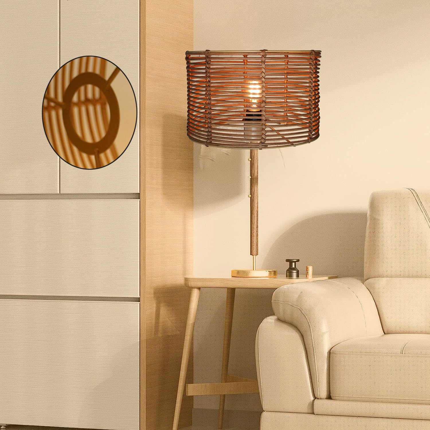 Rattan Drum lamp shades rattan Chandelier Shades Woven Boho Rattan Lampshade Chandelier Shades Pendant light Covers E26 E27 Replacement Table Lamp Floor Lamps Lampshades(Dark Brown)