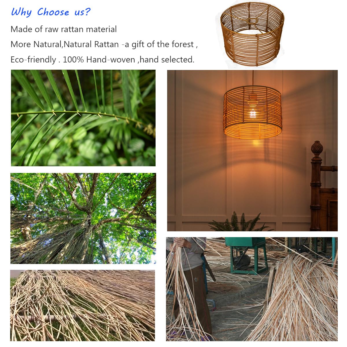 Rattan Drum lamp shades rattan Chandelier Shades Woven Boho Rattan Lampshade Chandelier Shades Pendant light Covers E26 E27 Replacement Table Lamp Floor Lamps Lampshades(Dark Brown)