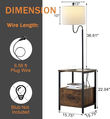 Topotdor Floor Lamp with Table, Wooden End Table Rustic Bedside Nightstand Lamp with Shelves for Living Room Bedroom Home Office, Brown