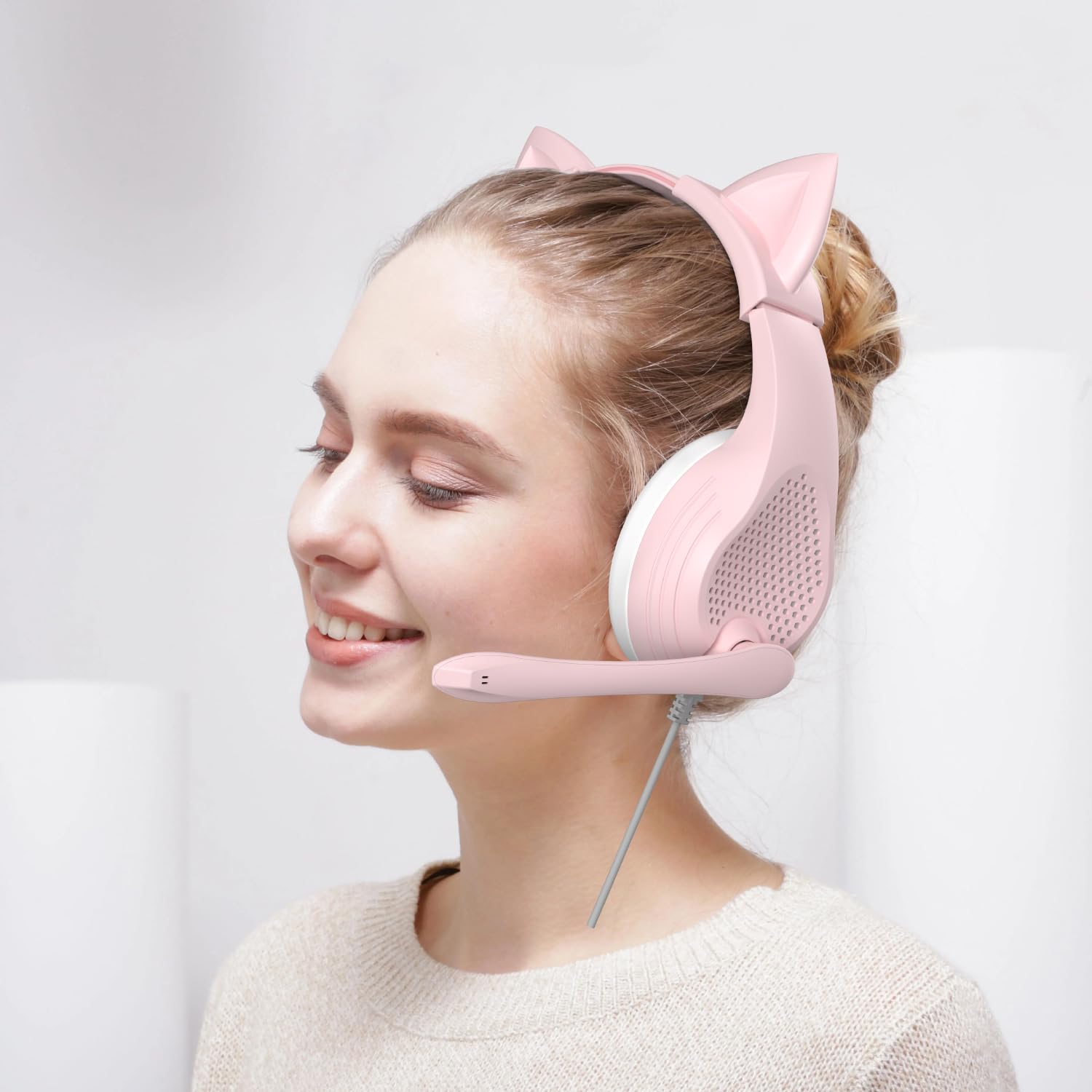 Emonoo Newest Pink Gaming Headset with Microphone for PC, PS5, Mac, Xbox, PS4, Over-Ear Surround Sound Stereo Cat Ear Headphones with Mic for Computers Laptop Smartphones Tablets