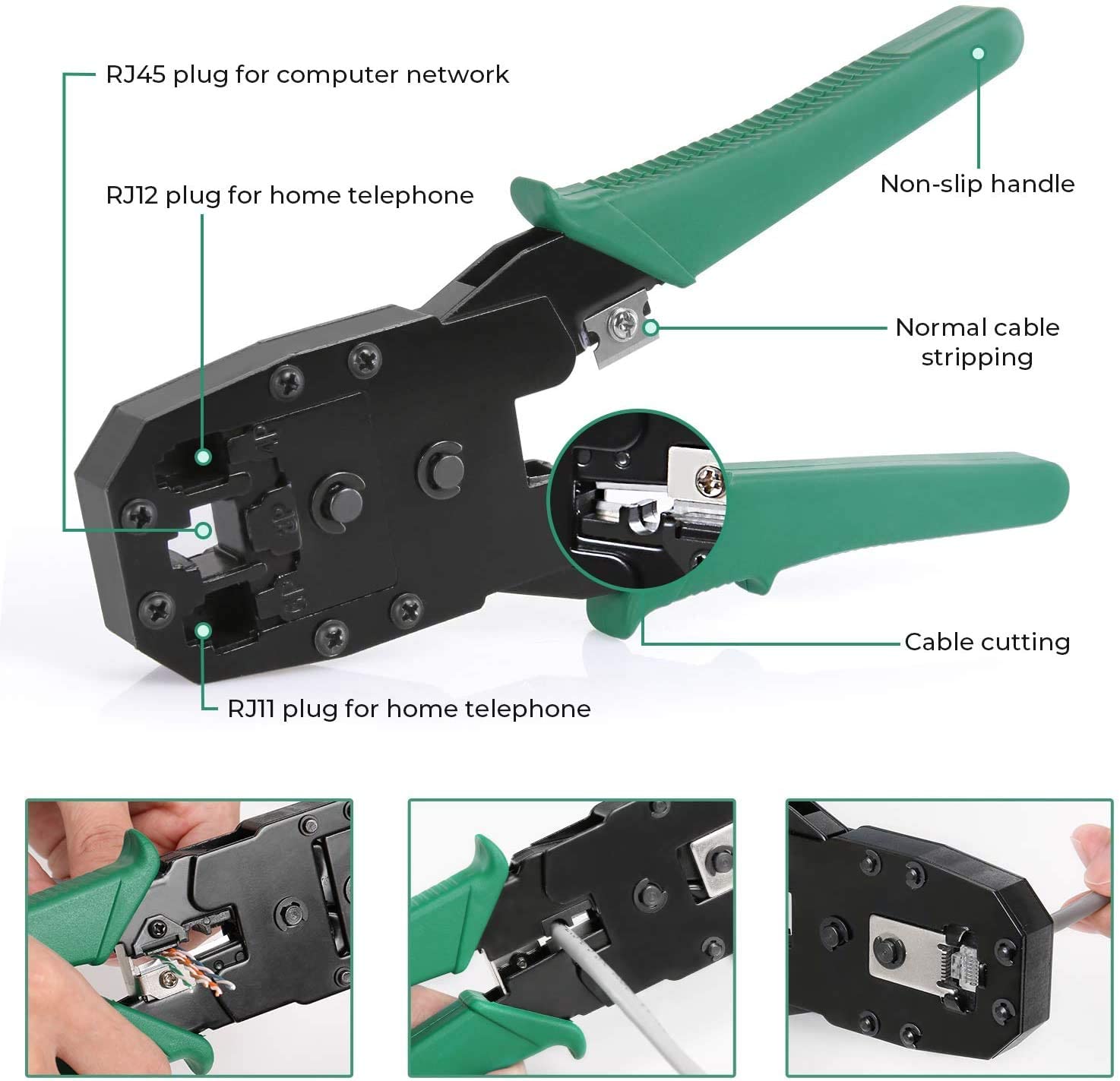 SGILE 9-in-1 Portable Crimping Tool Kit, 8P8C 6P6C 4P4C Connectors, RJ11/RJ12/RJ45 Cat5 Cat5e Network/Phone Cable Tester, Black