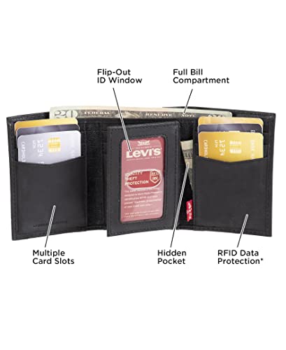 Levi's Men's Trifold Wallet-Sleek and Slim Includes Id Window and Credit Card Holder , Andrew Black, One Size