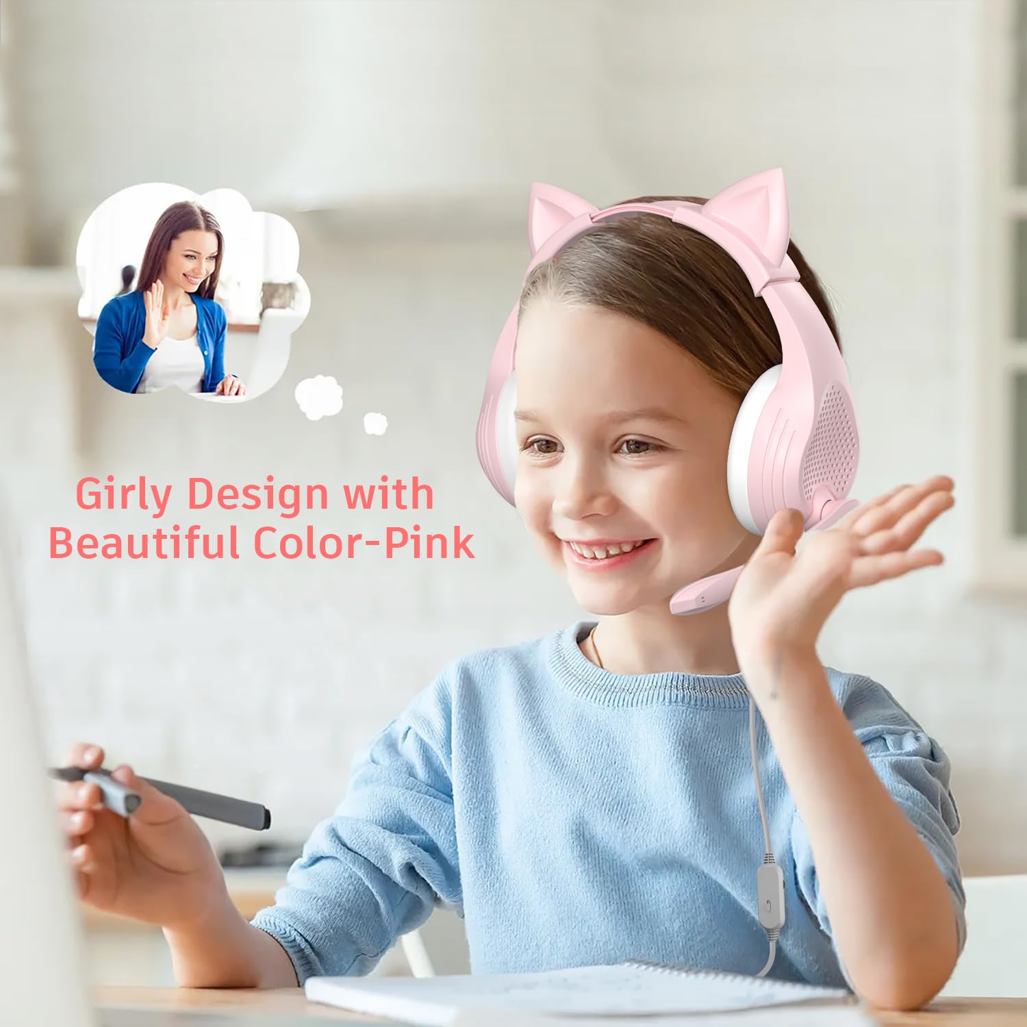 Emonoo Newest Pink Gaming Headset with Microphone for PC, PS5, Mac, Xbox, PS4, Over-Ear Surround Sound Stereo Cat Ear Headphones with Mic for Computers Laptop Smartphones Tablets