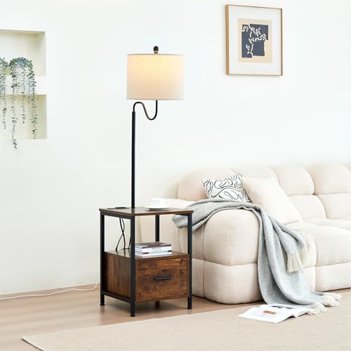 Topotdor Floor Lamp with Table, Wooden End Table Rustic Bedside Nightstand Lamp with Shelves for Living Room Bedroom Home Office, Brown